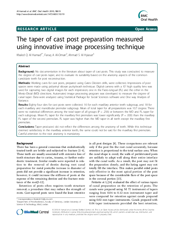 (PDF) The taper of cast post preparation measured using innovative ...