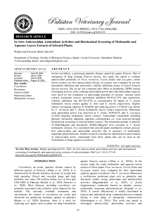 (PDF) In vitro Anticoccidial, Antioxidant Activities and Biochemical Screening of Methanolic and ...