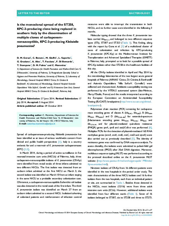 (PDF) Is the monoclonal spread of the ST258, KPC-3-producing clone ...