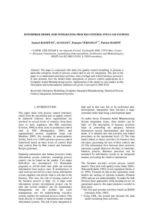 (PDF) Enterprise model for integrating process control into CAM systems