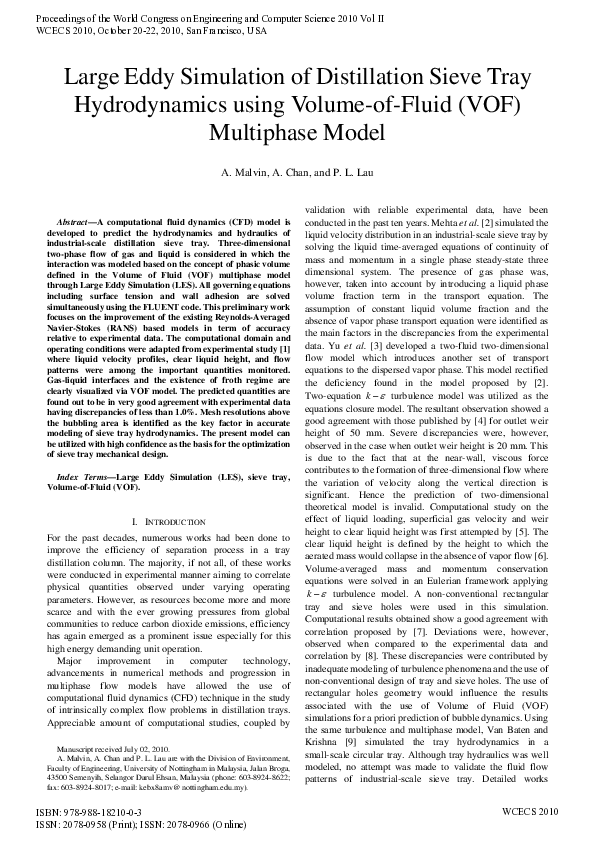 (PDF) Large Eddy Simulation of Distillation Sieve Tray Hydrodynamics-- A Volume-of-Fluid(VOF ...