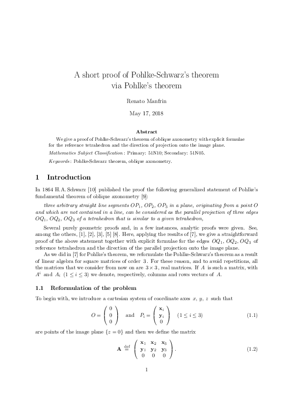 (PDF) A short proof of Pohlke-Schwarz’s theorem via Pohlke’s theorem