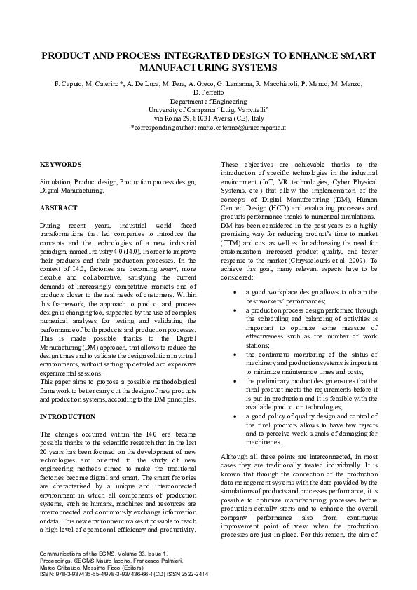 (PDF) Product And Process Integrated Design To Enhance Smart Manufacturing Systems