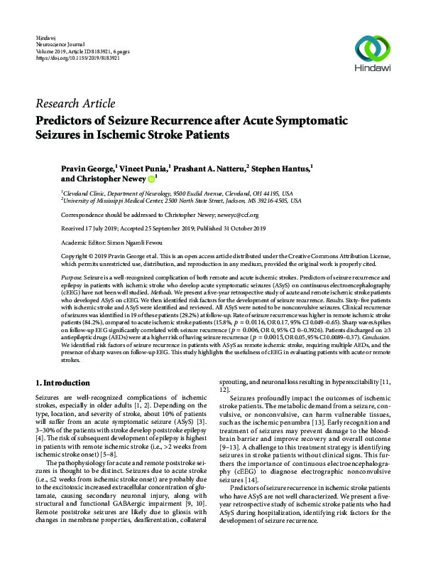 Pdf Predictors Of Seizure Recurrence After Acute Symptomatic Seizures In Ischemic Stroke