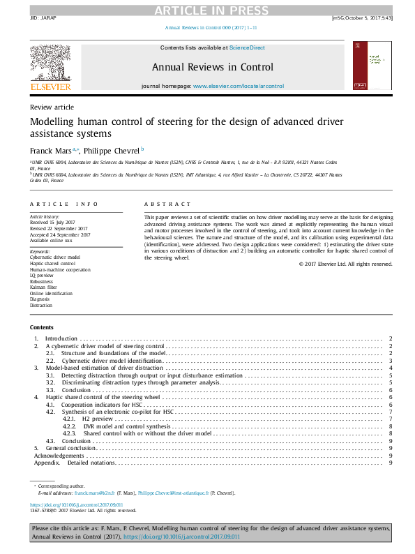 (PDF) Modelling human control of steering for the design of advanced ...