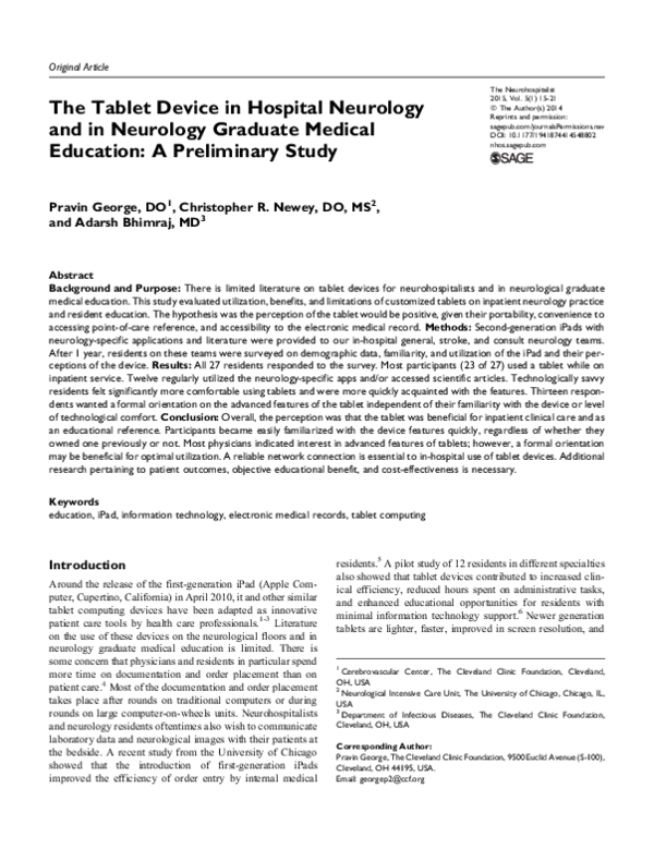 (PDF) The tablet device in hospital neurology and in neurology graduate ...
