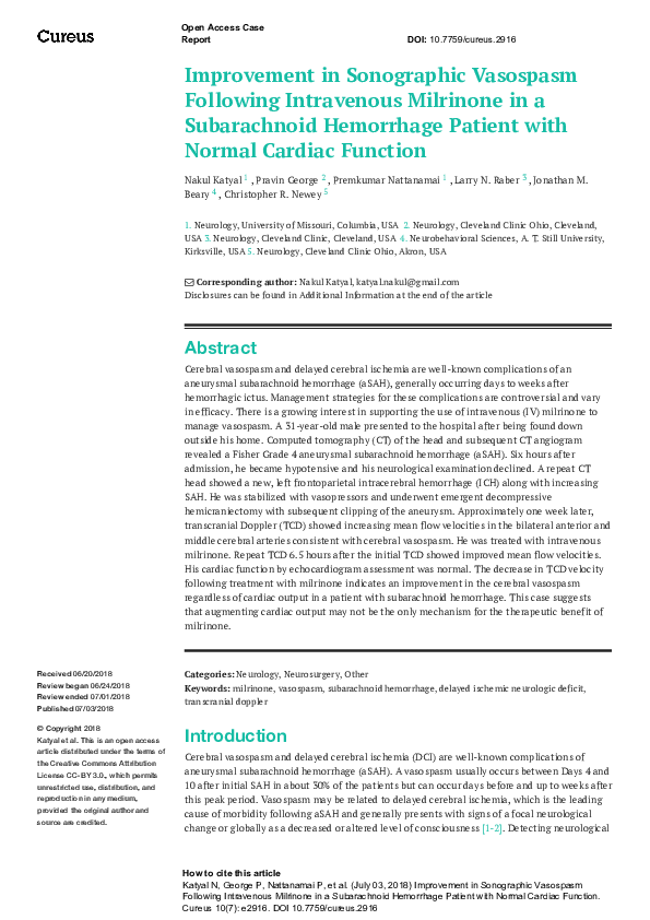 (PDF) Improvement in Sonographic Vasospasm Following Intravenous Milrinone in a Subarachnoid ...