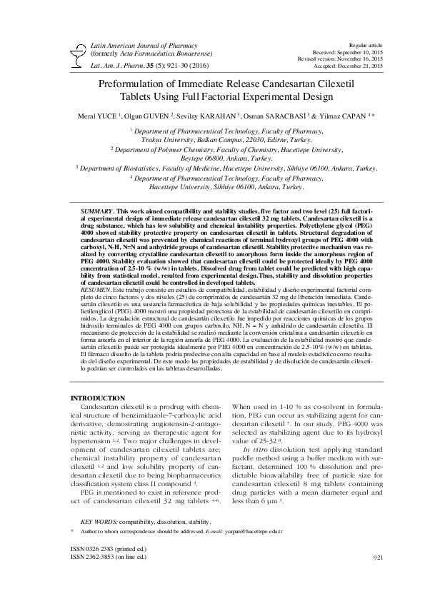 Pdf Preformulation Of Immediate Release Candesartan Cilexetil Tablets Using Full Factorial