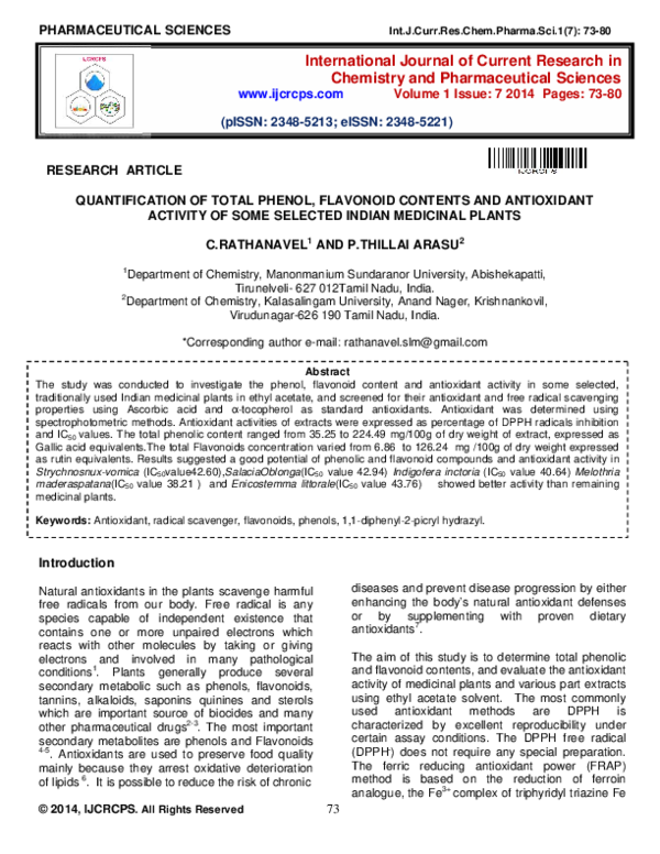 (PDF) Research Article Quantification of Total Phenol, Flavonoid Contents and Antioxidant ...