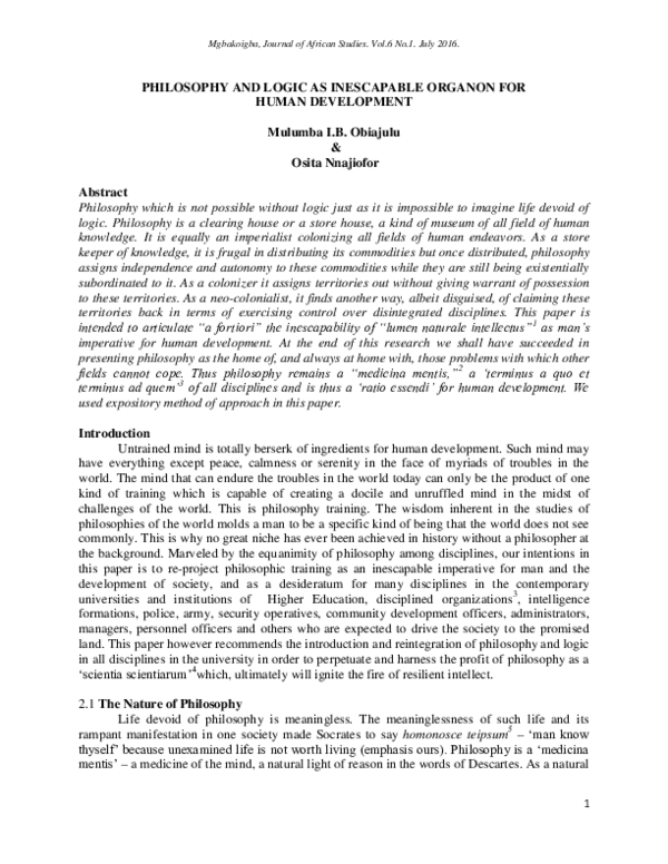 (PDF) Philosophy and logic as inescapable organon for human development