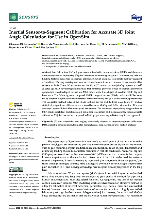 Pdf Inertial Sensor To Segment Calibration For Accurate 3d Joint