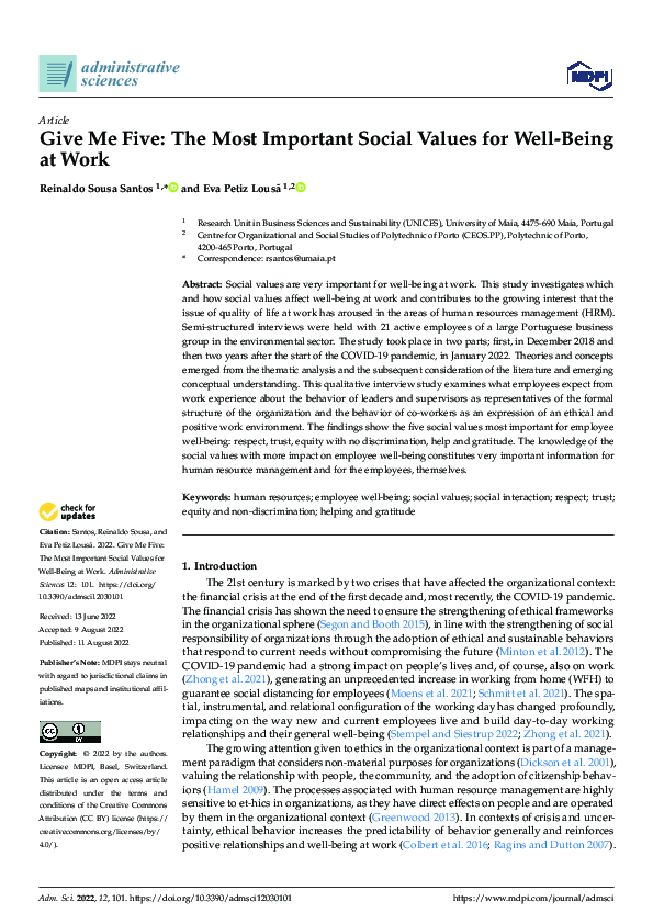 (PDF) Give Me Five: The Most Important Social Values for Well-Being at Work