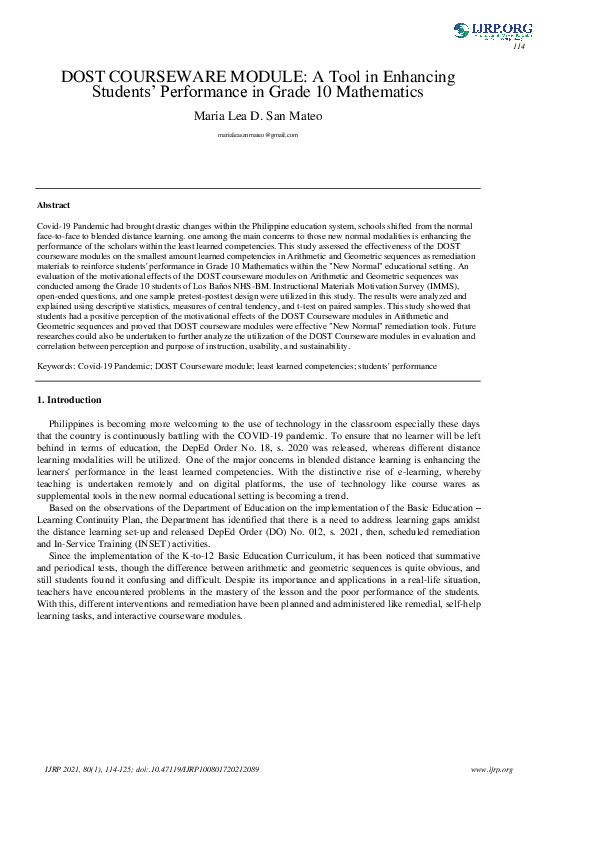 (PDF) DOST COURSEWARE MODULE: A Tool in Enhancing Students’ Performance ...