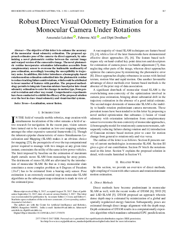 (PDF) Robust Direct Visual Odometry Estimation for a Monocular Camera under Rotations