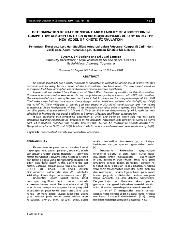 (PDF) DETERMINATION OF RATE CONSTANT AND STABILITY OF ADSORPTION IN ...