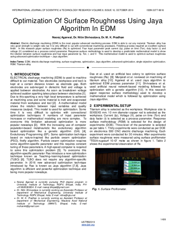 (PDF) Optimization Of Surface Roughness Using Jaya Algorithm In EDM