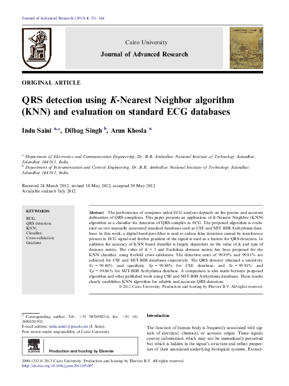 Pdf Qrs Detection Using K Nearest Neighbor Algorithm Knn And Evaluation On Standard Ecg