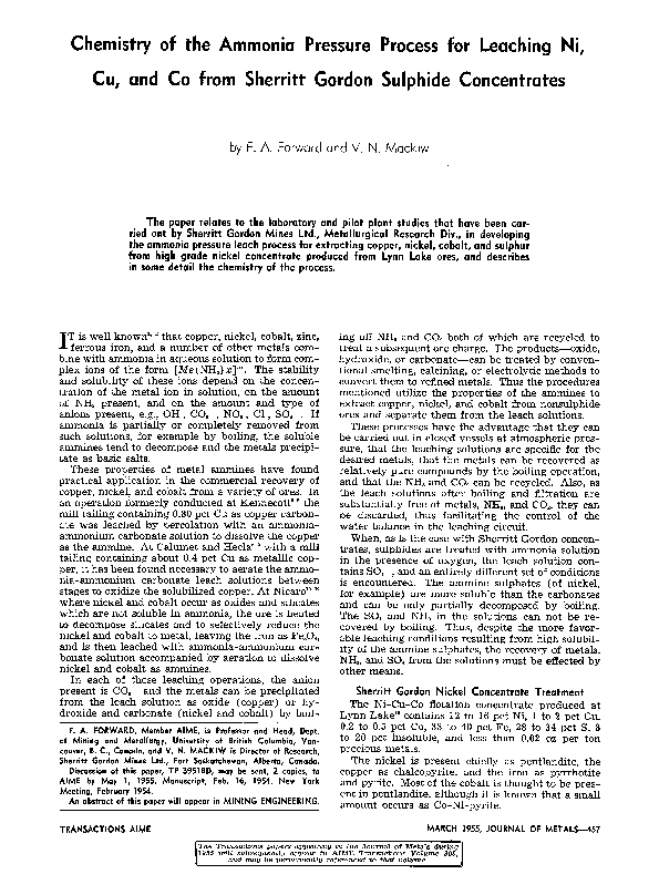 (PDF) Chemistry of the Ammonia Pressure Process for Leaching Ni, Cu ...