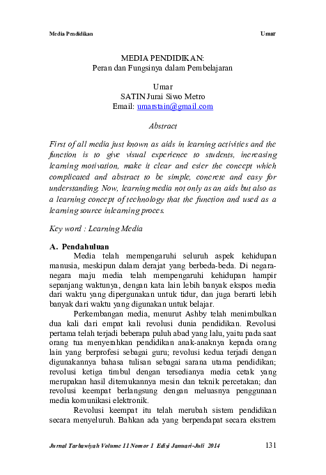 (PDF) MEDIA PENDIDIKAN: Peran dan Fungsinya dalam Pembelajaran
