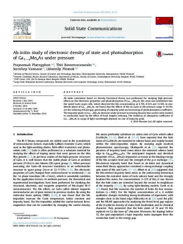 (PDF) Ab initio study of electronic density of state and photoabsorption of Ga1−xMnxAs under ...