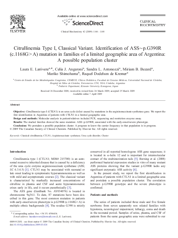 (PDF) Citrullinemia Type I, Classical Variant. Identification of ASS∼p ...