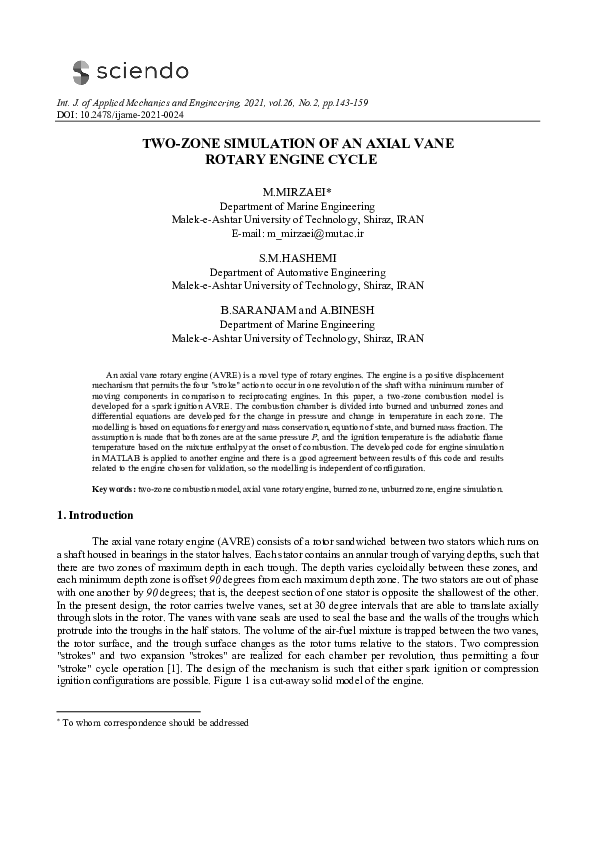 (PDF) Two-Zone Simulation of an Axial Vane Rotary Engine Cycle