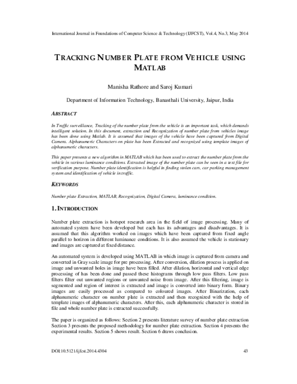 Pdf Tracking Number Plate From Vehicle Using Matlab