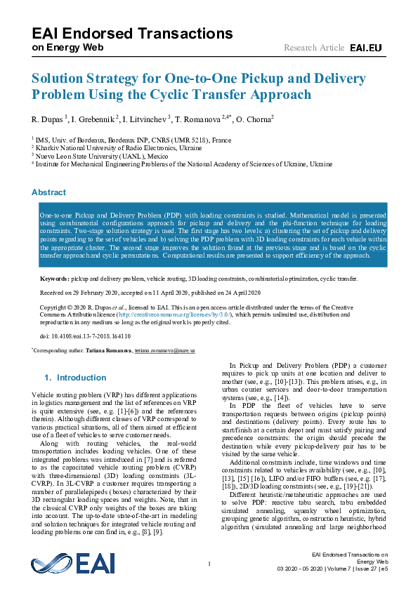 (PDF) Solution Strategy for One-to-One Pickup and Delivery Problem ...