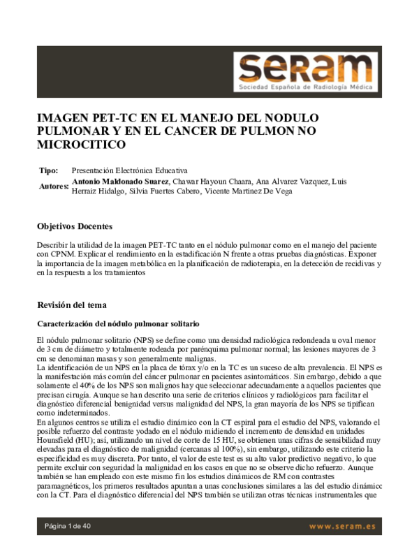 (PDF) Imagen Pet-TC en El Manejo Del Nodulo Pulmonar y en El Cancer De ...