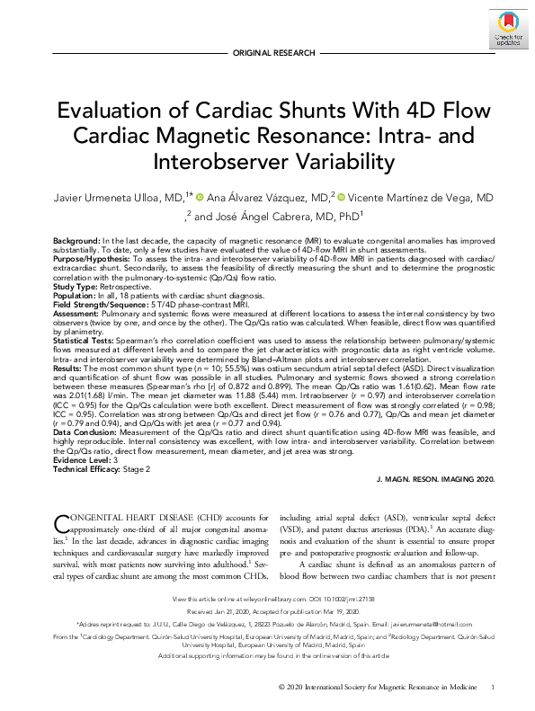 (PDF) Evaluation of Cardiac Shunts With 4D Flow Cardiac Magnetic ...
