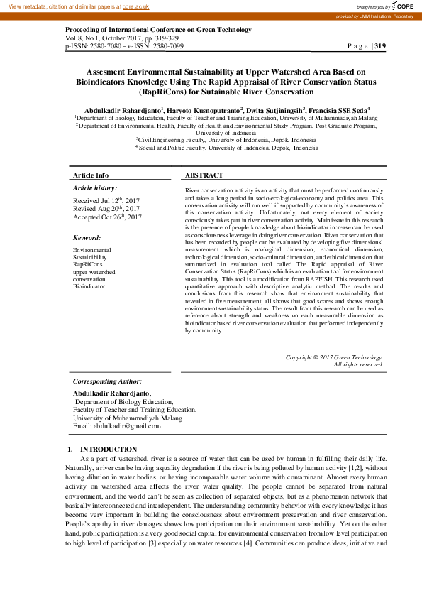 (PDF) Assesment Environmental Sustainability at Upper Watershed Area ...