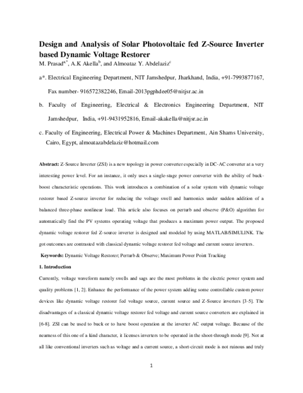 Pdf Design And Analysis Of Solar Photovoltaic Fed Z Source Inverter Based Dynamic Voltage 