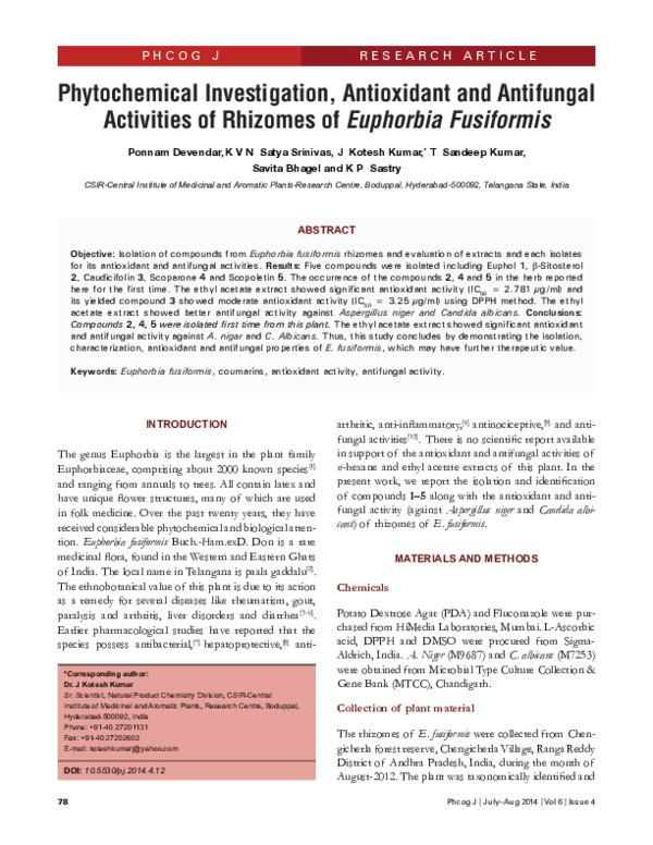 (PDF) Phytochemical Investigation, Antioxidant and Antifungal Activities of Rhizomes of ...