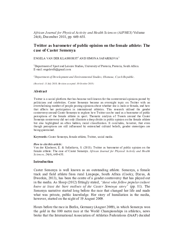 (PDF) Twitter as barometer of public opinion on the female athlete : the case of Caster Semenya