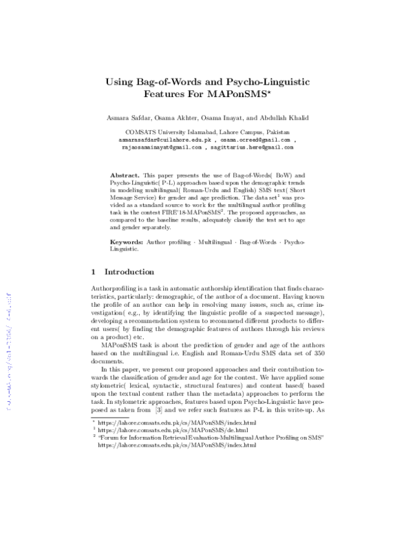 (PDF) Using Bag-of-Words and Psycho-Linguistic features for MAPonSMS