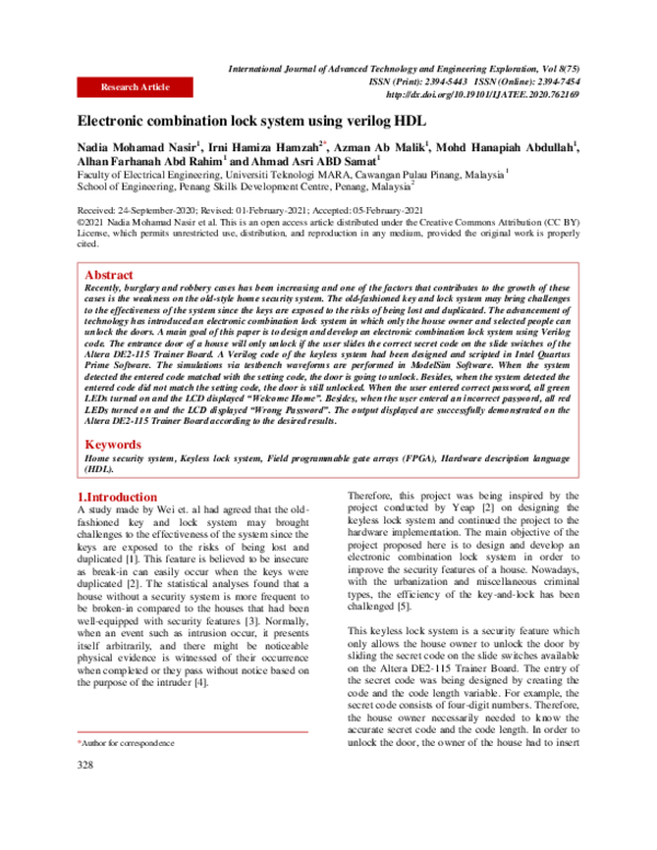 (PDF) Electronic combination lock system using verilog HDL | DR. MOHD HANAPIAH ABDULLAH ...