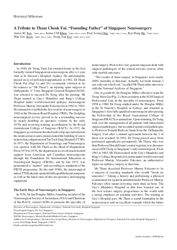 (PDF) A Tribute to Tham Cheok Fai, “Founding Father” of Singapore ...