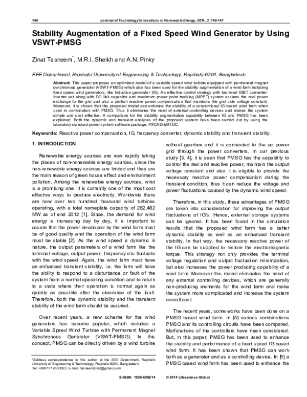 (PDF) Stability Augmentation of a Fixed Speed Wind Generator by Using VSWT-PMSG