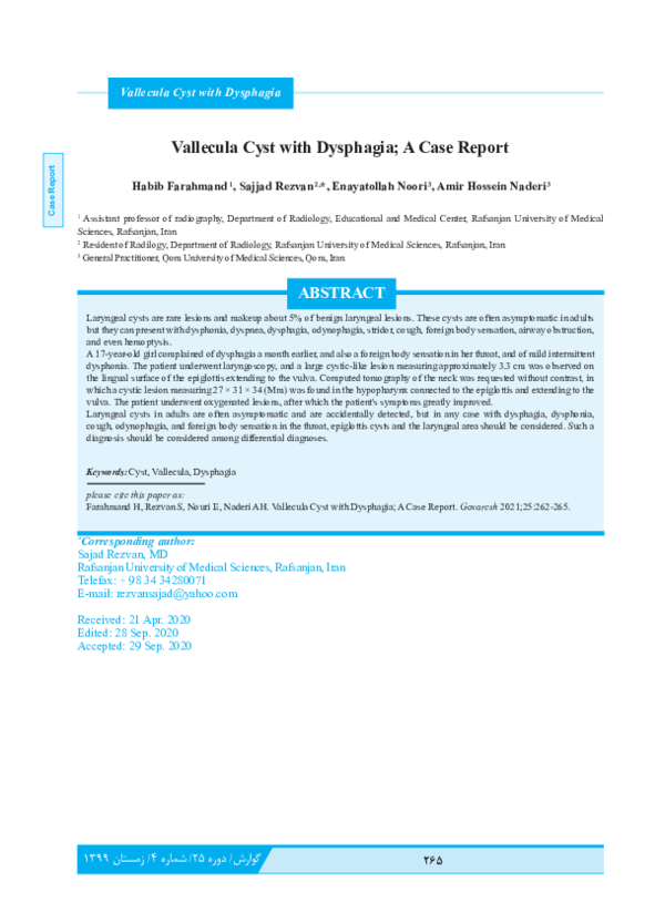 (PDF) Vallecula Cyst with Dysphagia; A Case Report