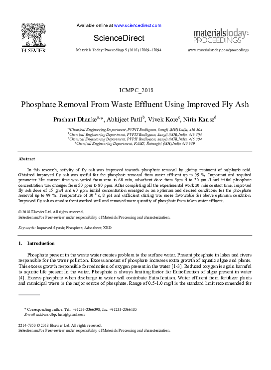 (PDF) Phosphate Removal From Waste Effluent Using Improved Fly Ash