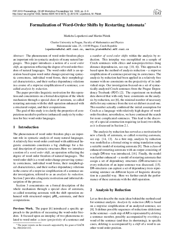 (PDF) Formalization of Word-Order Shifts by Restarting Automata