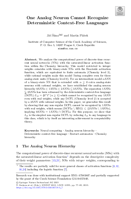 Pdf One Analog Neuron Cannot Recognize Deterministic Context Free