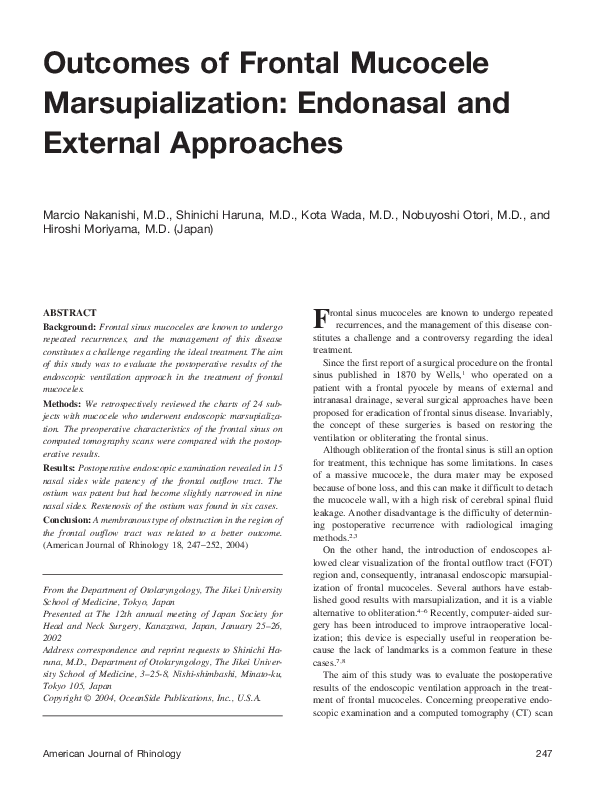 (PDF) Outcomes of Frontal Mucocele Marsupialization: Endonasal and ...