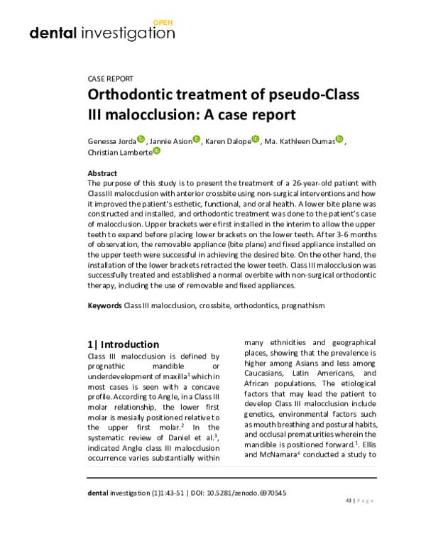 (PDF) Orthodontic treatment of pseudo-Class III malocclusion: A case report