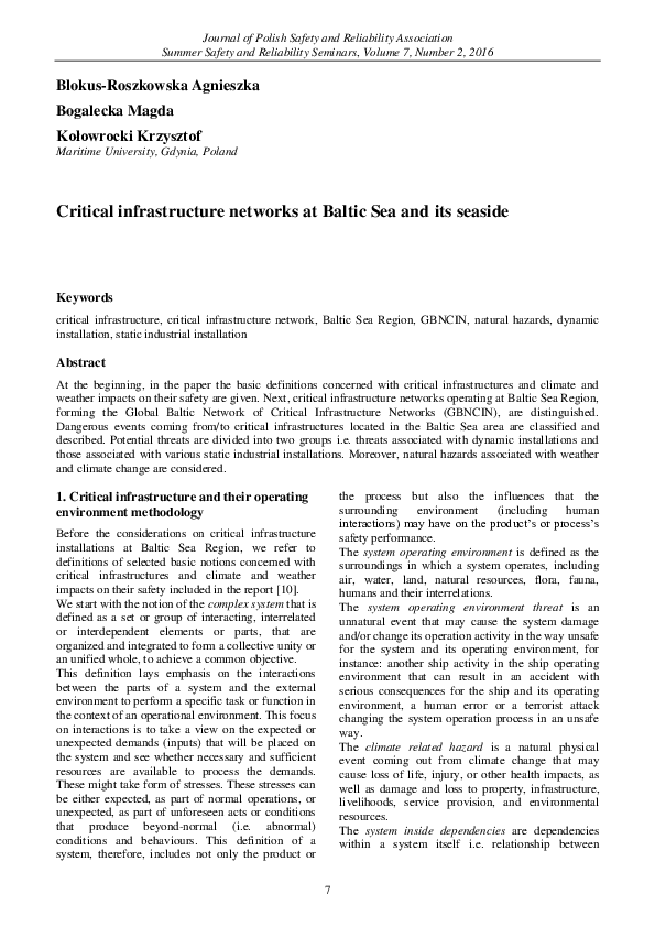 (PDF) Critical infrastructure networks at Baltic Sea and its seaside