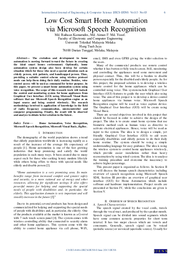(PDF) Low Cost Smart Home Automation via Microsoft Speech Recognition