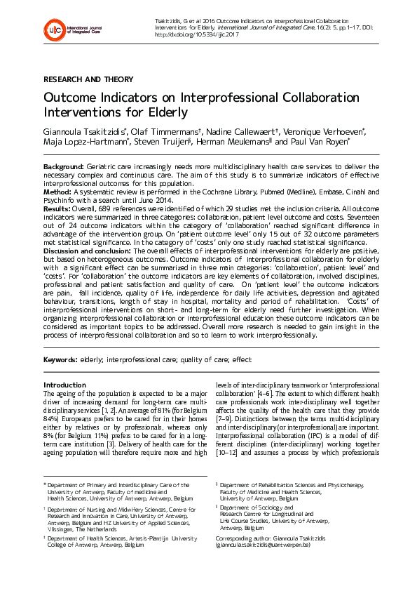 (PDF) Outcome Indicators on Interprofessional Collaboration Interventions for Elderly ...
