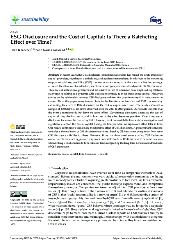 (PDF) ESG Disclosure and the Cost of Capital: Is There a Ratcheting ...