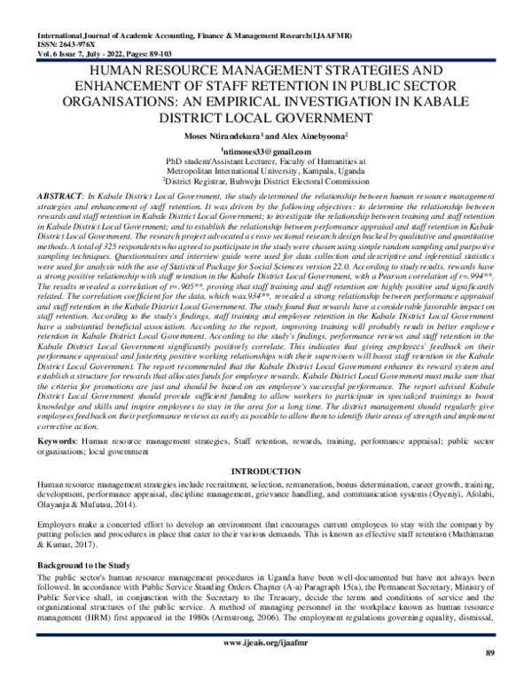 (PDF) HUMAN RESOURCE MANAGEMENT STRATEGIES AND ENHANCEMENT OF STAFF RETENTION IN PUBLIC SECTOR ...