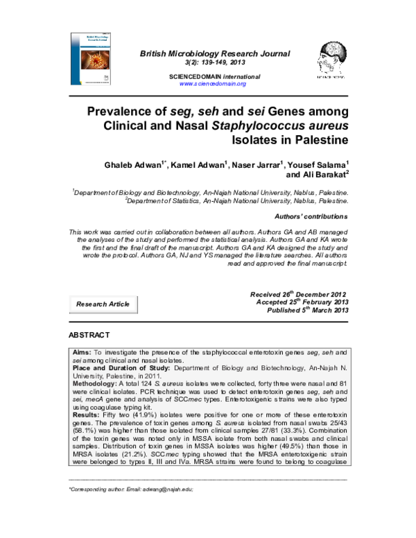 Pdf Prevalence Of Seg Seh And Sei Genes Among Clinical And Nasal Staphylococcus Aureus